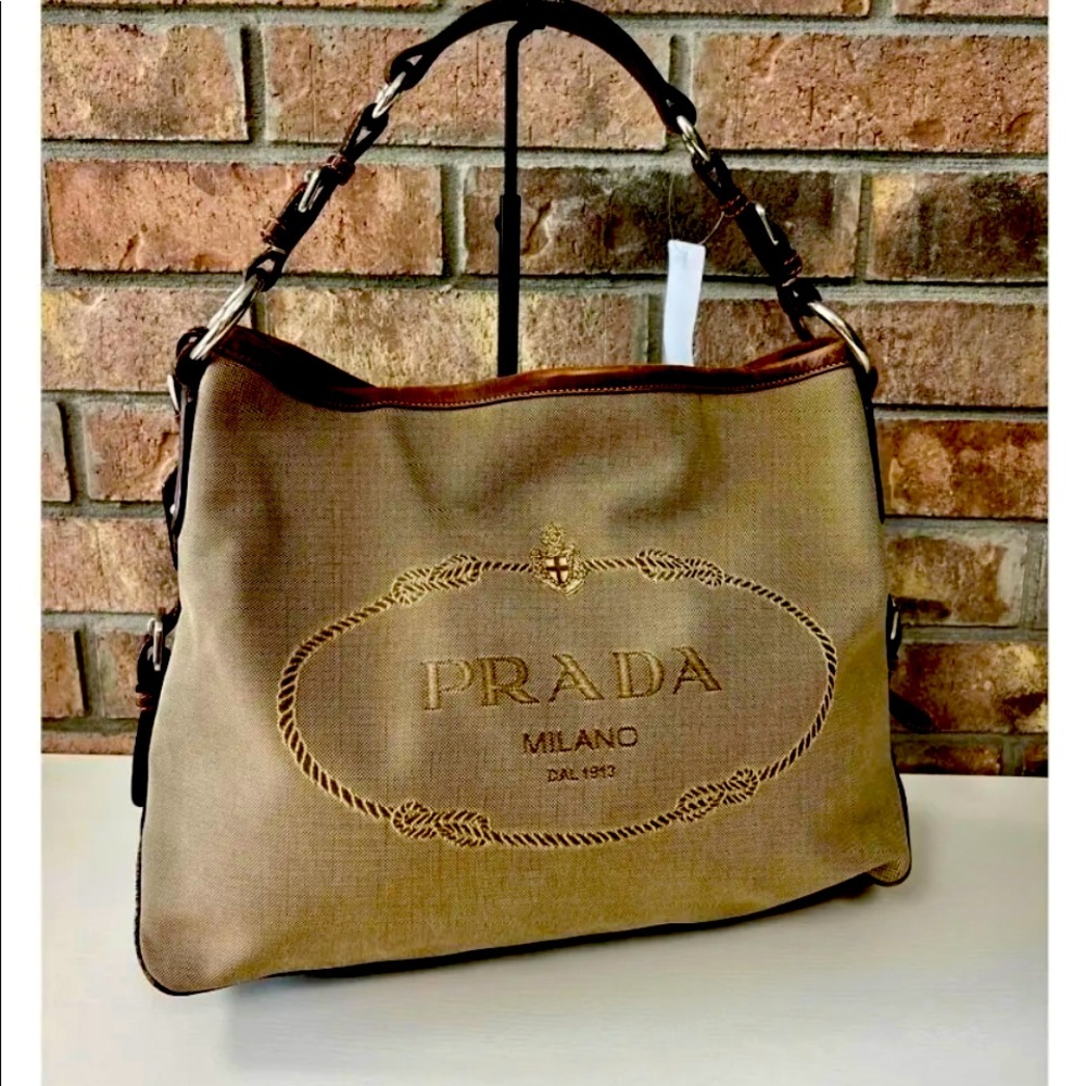 Prada Large Logo Jacquard Canvas Tote Hand Bag Brown … - Gem